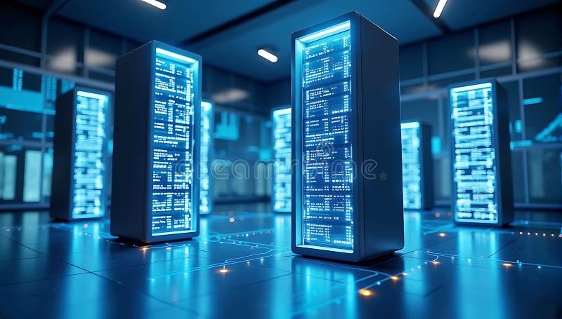 Tall, Glowing Data Storage Towers Arranged in a Sleek Virtual ...
