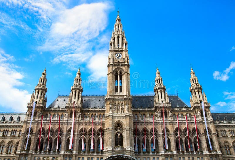 Tall Gothic Building of Vienna City Hall, Austria Stock Photo - Image ...