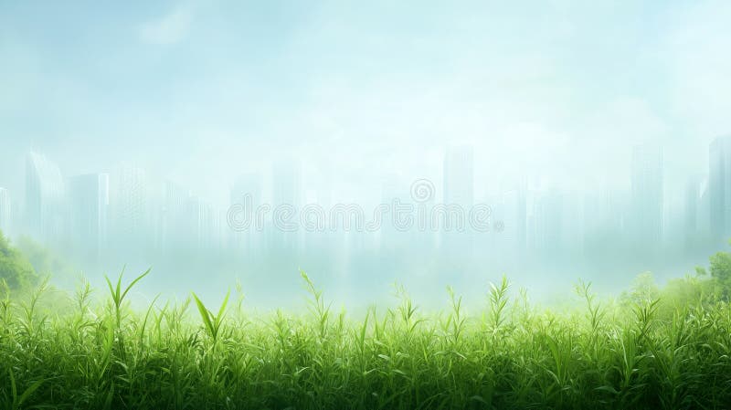 Tall Green Grass in the Foreground with a Distant City Skyline Stock ...