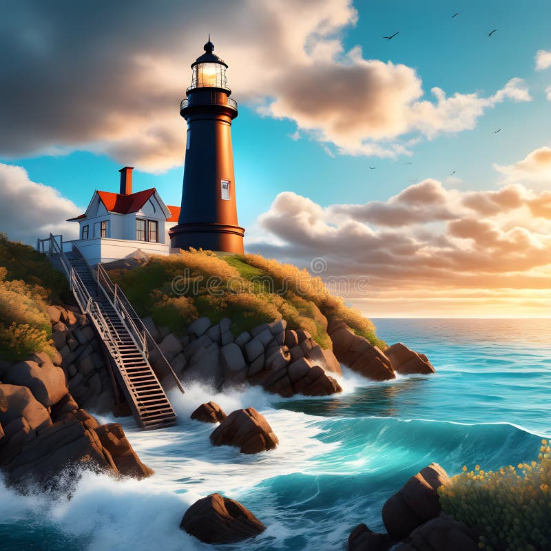 Lighthouse. AI-Generatet stock illustration. Illustration of headland ...