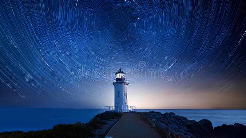 On the Seashore, a Lighthouse Tower Lights the Way for Ships. a Tall ...