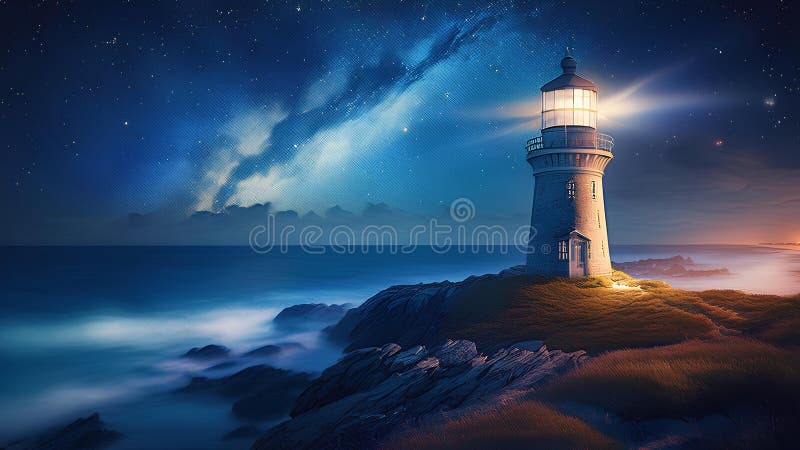 On the Seashore, a Lighthouse Tower Lights the Way for Ships. a Tall ...