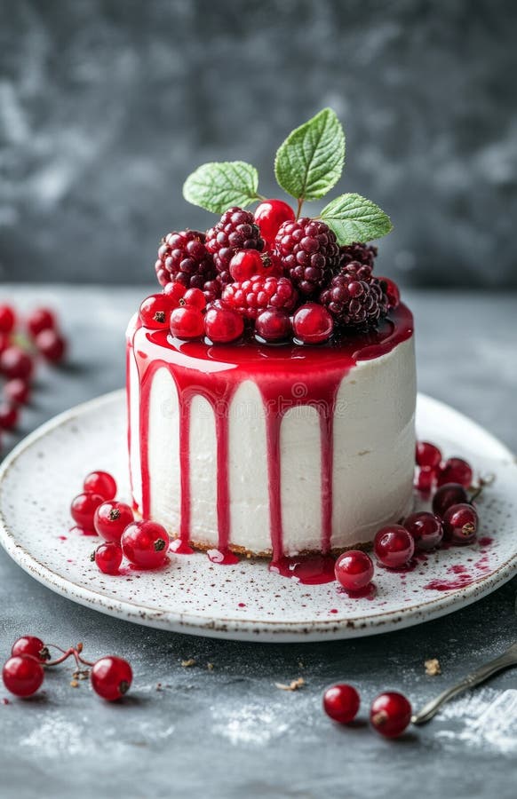Tall Mini Cake with Red Bugane Berries and Sauce on Plate Stock Image ...