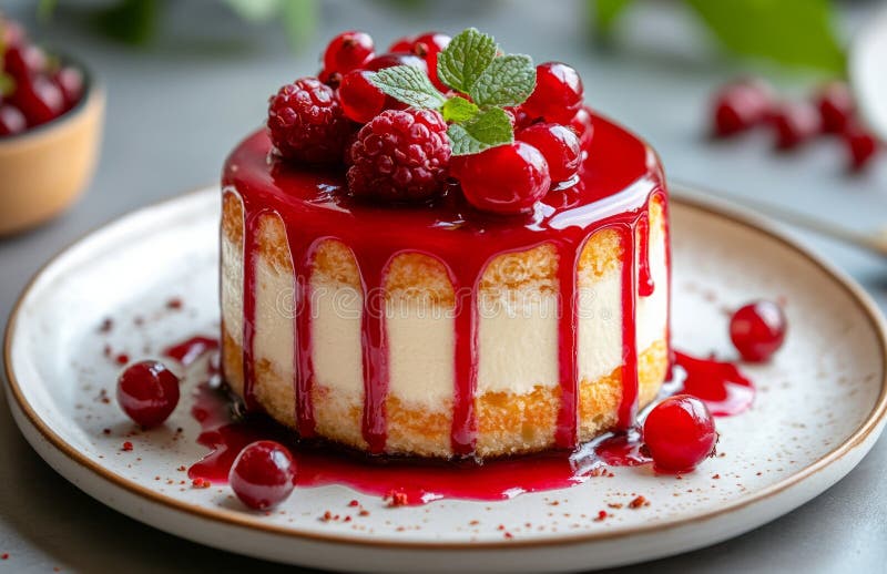 Tall Mini Cake with Red Bugane Berries and Sauce on Plate Stock Photo ...
