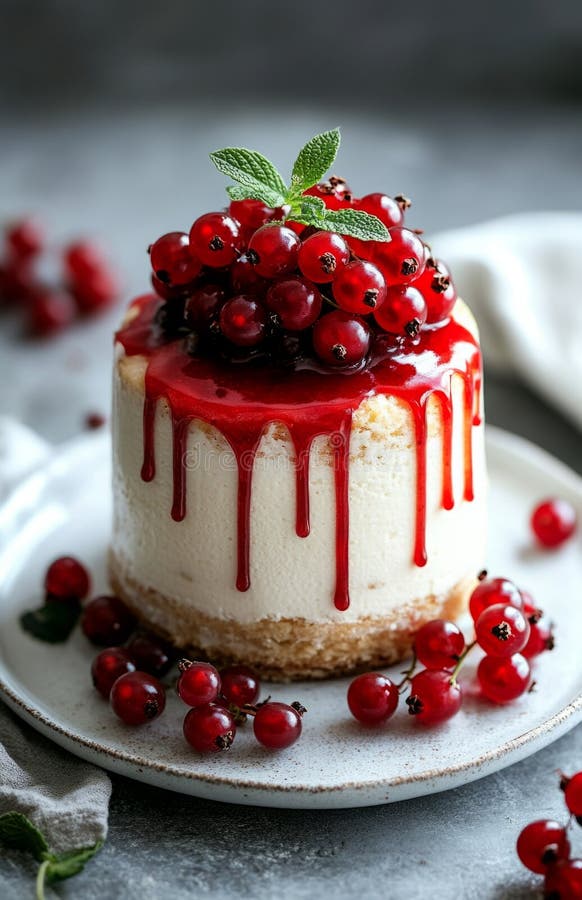Tall Mini Cake with Red Bugane Berries and Sauce on Plate Stock Photo ...