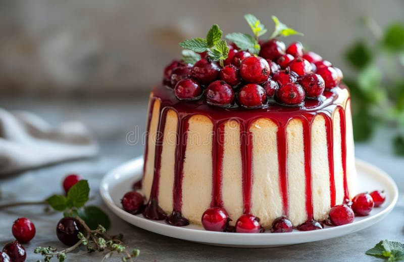 Tall Mini Cake with Red Bugane Berries and Sauce on Plate Stock Photo ...