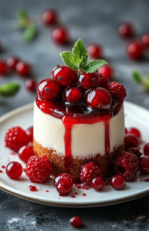Tall Mini Cake with Red Bugane Berries and Sauce on Plate Stock Image ...