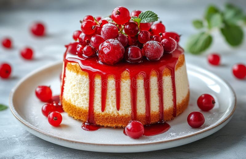 Tall Mini Cake with Red Bugane Berries and Sauce on Plate Stock Photo ...
