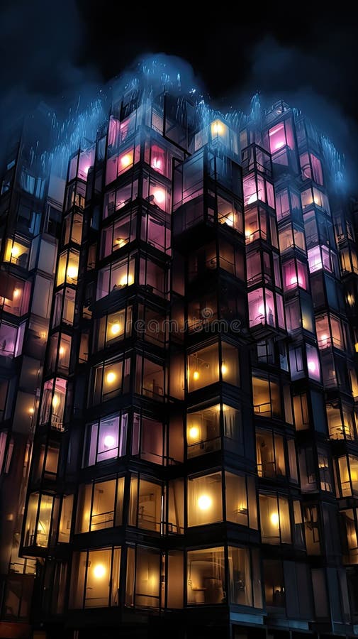 Tall Modern Building Glowing Windows, Urbancore, Art Event Exhbition ...