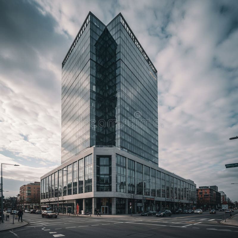 Tall Modern Office Building with a Glass Facade, Situated on a Busy ...