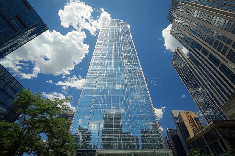 Tall Modern Skyscraper Reflecting Clouds in the Bright Daylight Sky in ...