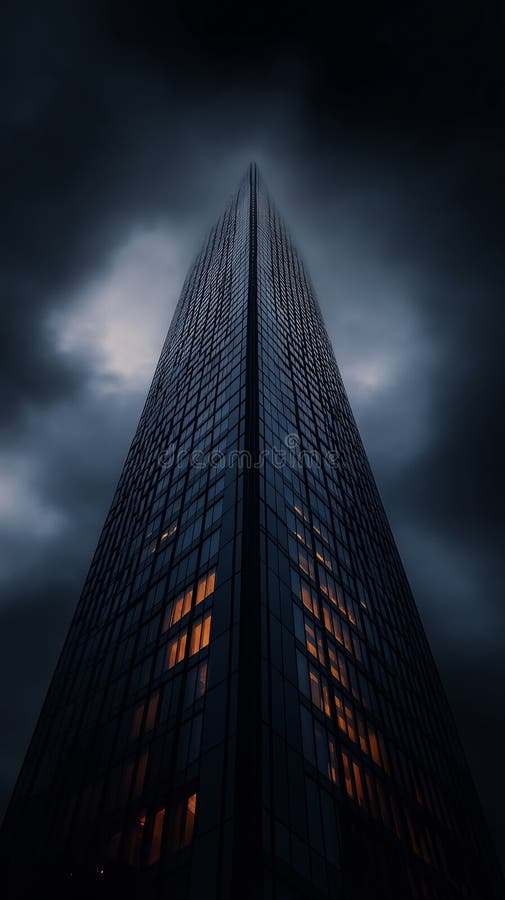Towering Skyscraper Vanishing into a Dark and Cloudy Night Sky. Stock ...