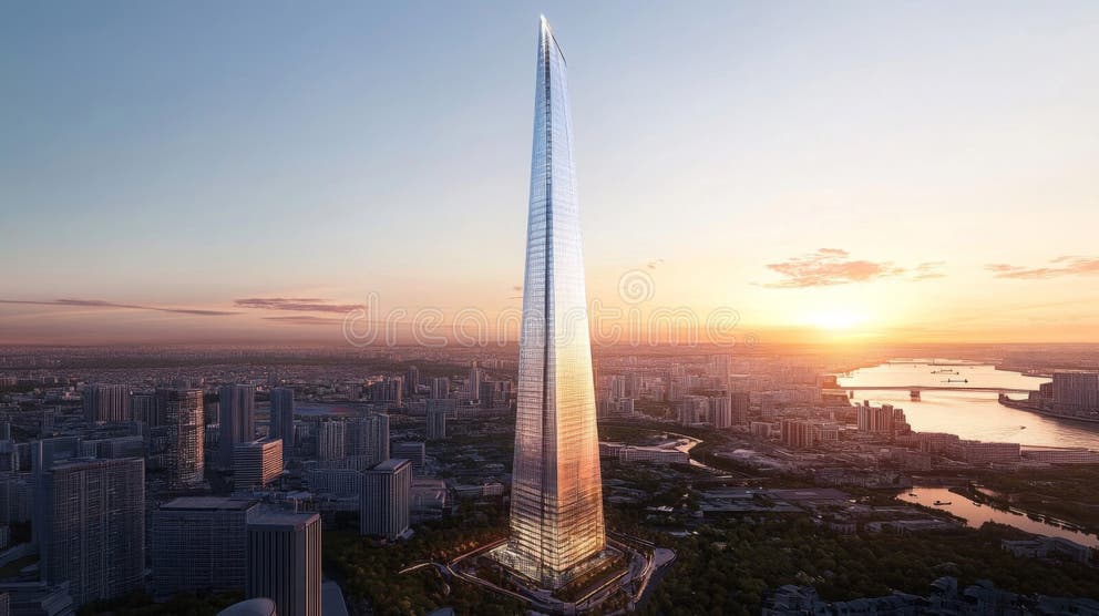 Tall Modern Skyscraper at Sunset Over City Stock Illustration ...