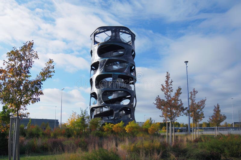 A Tall, Modern Tower Structure with Rotating Sections Stands in a Park ...
