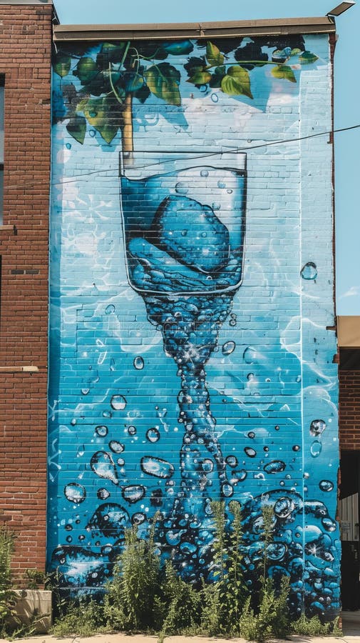 Tall Mural Artwork Showing a Glass of Water with Swirling Liquid and ...