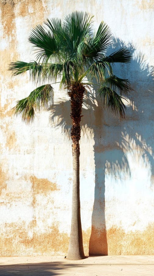 A Tall Palm Tree Casting Distinct Shadows on a Textured White Wall in ...