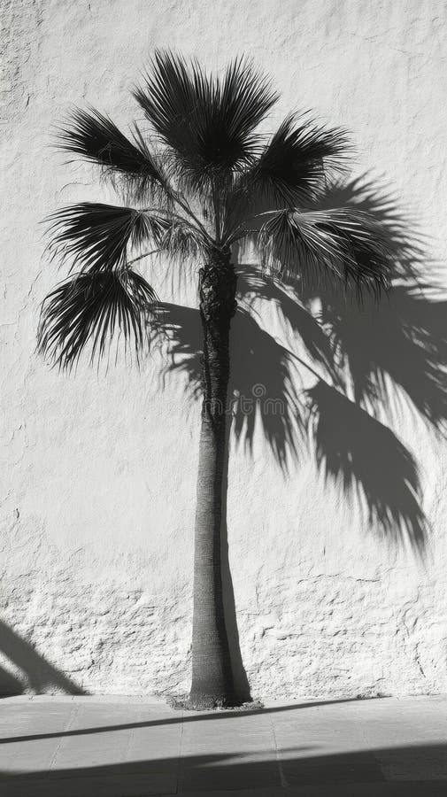 A Tall Palm Tree Casting Distinct Shadows on a Textured White Wall in ...