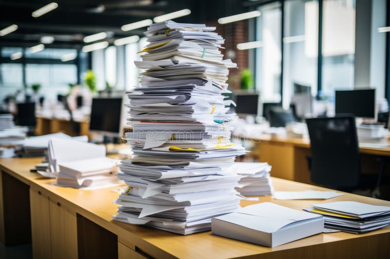 A Tall Pile of Documents on a Chaotic Desk in a Luminous Office ...