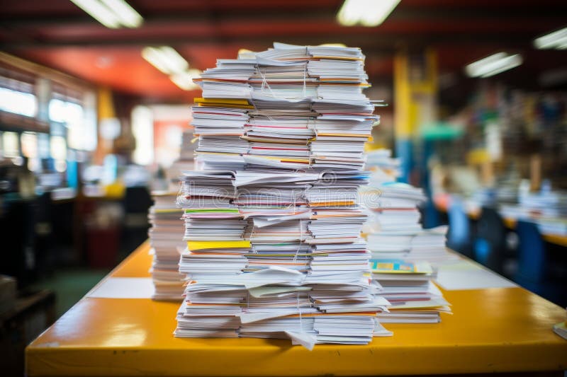 A Tall Pile of Papers on a Chaotic Desk in a Luminous Office Highlights ...
