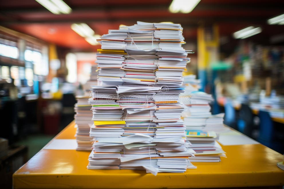 A Tall Pile of Papers on a Chaotic Desk in a Luminous Office Highlights ...