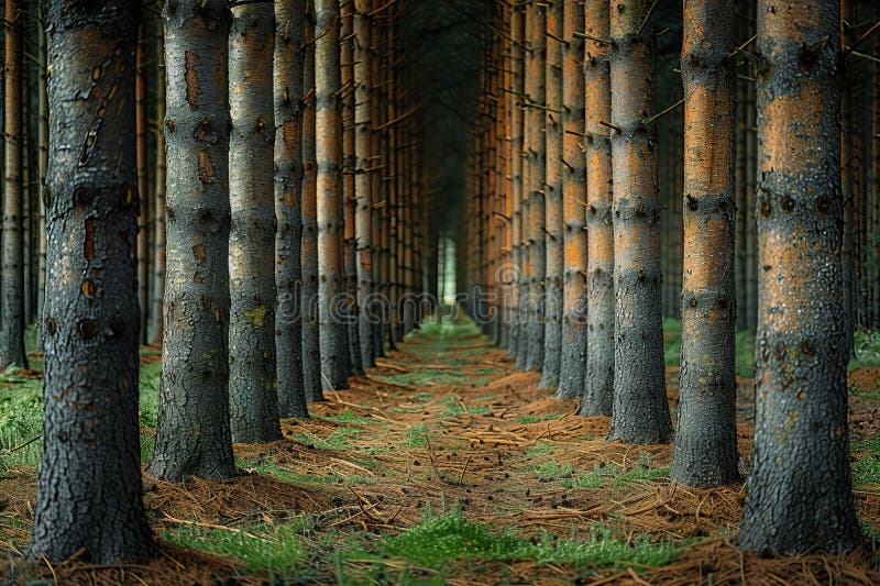 A Tall Pine Forest with Rows of Trees, All Lined Up and Close Together ...