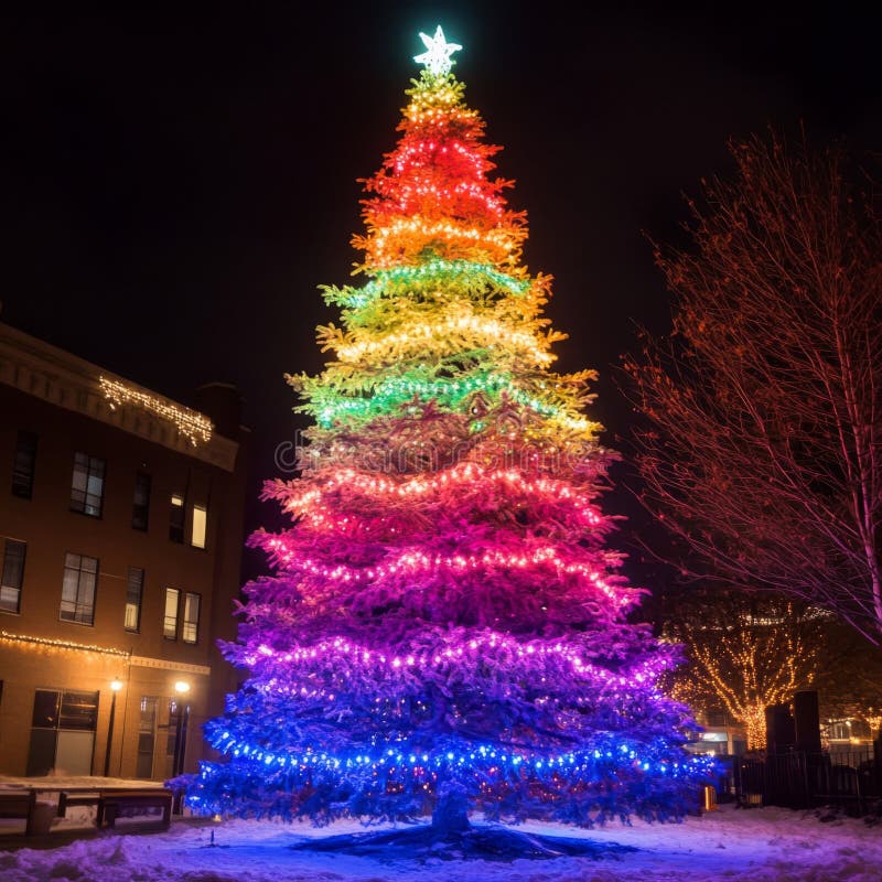 A Tall Pine Tree Decorated with Rainbow Lights in a Snowy City Park at ...