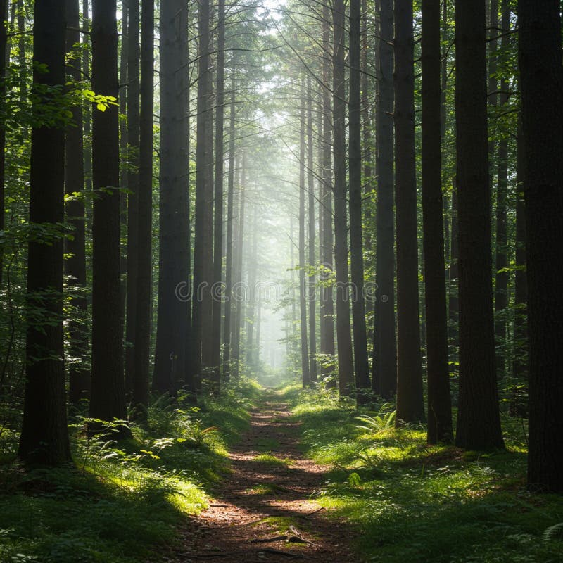 Tall Pine Trees Form a Dense Forest with a Narrow, Sunlit Path Running ...