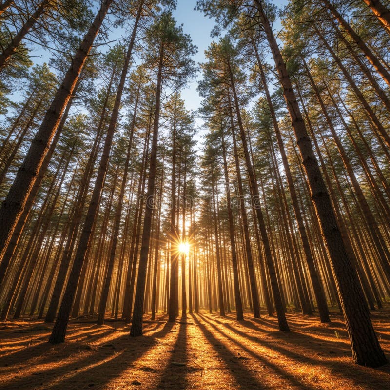 Tall Pine Trees (Pinus Spp.) Form a Dense Forest, with Sunlight ...