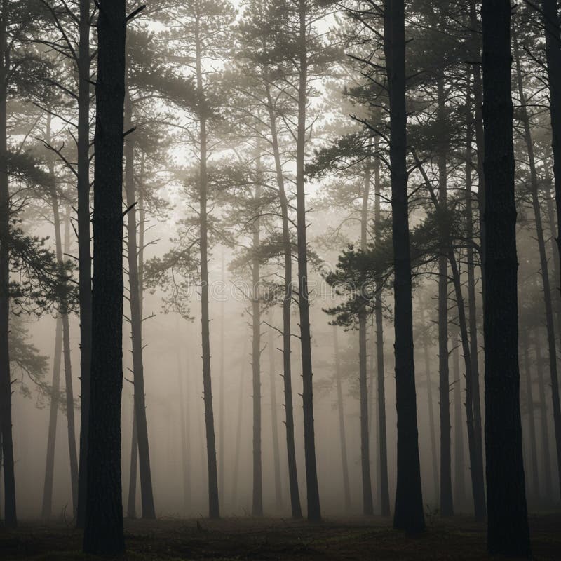 Tall Pine Trees (Pinus Spp.) Stand Close Together in a Misty Forest ...