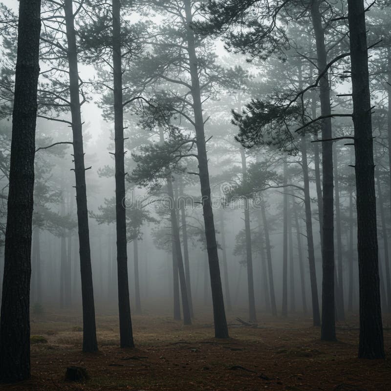 Tall Pine Trees (Pinus Spp.) Stand in a Dense Forest, Shrouded by Mist ...