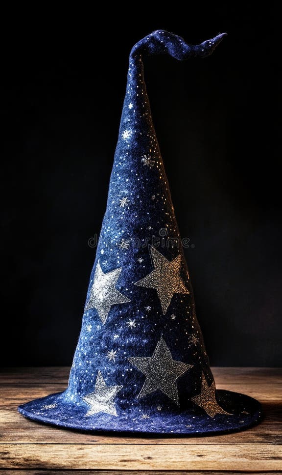 A Tall, Pointed Wizard Hat, Midnight Blue with Silver Stars Stock Photo ...