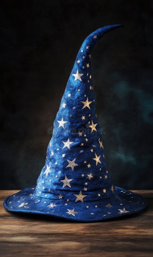 A Tall, Pointed Wizard Hat, Midnight Blue with Silver Stars Stock Photo ...