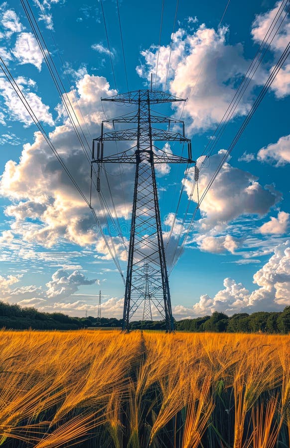 A Tall Power Line Tower is Seen in a Field of Tall Grass. the Sky is ...