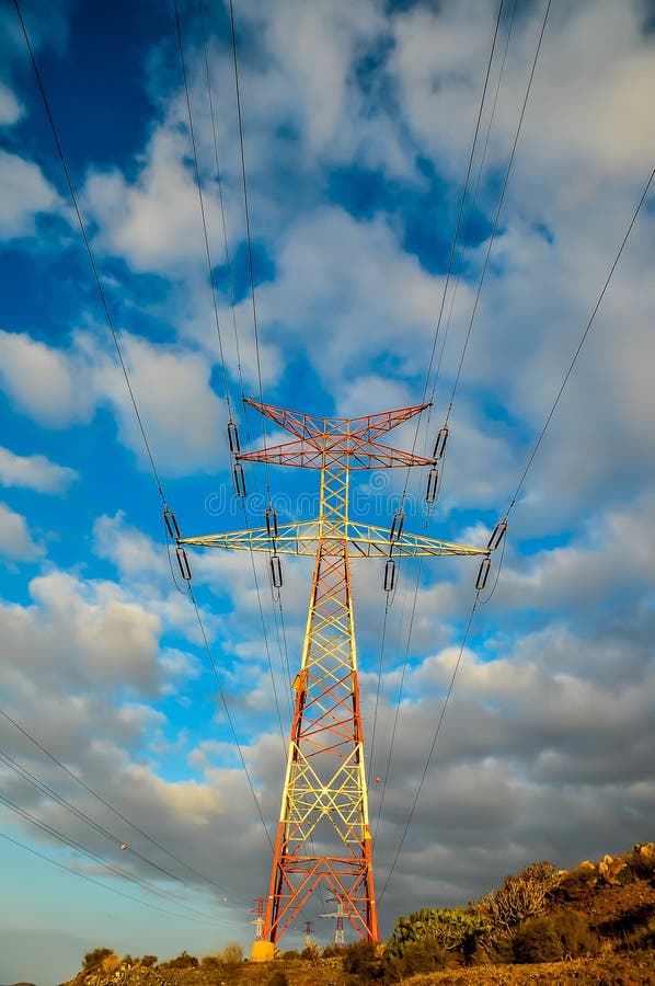 A Tall Power Line Tower with a White and Red Top Stock Image - Image of ...