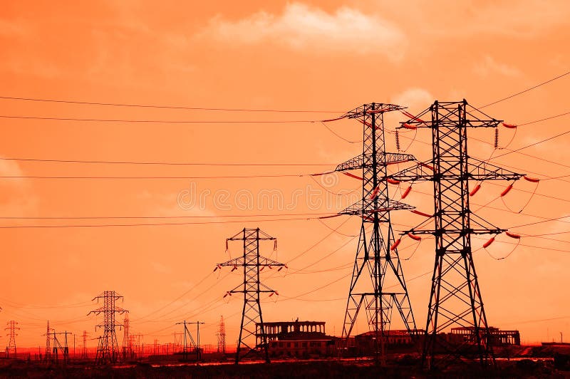 Tall Power Lines during Sunset Stock Image - Image of structure, built ...