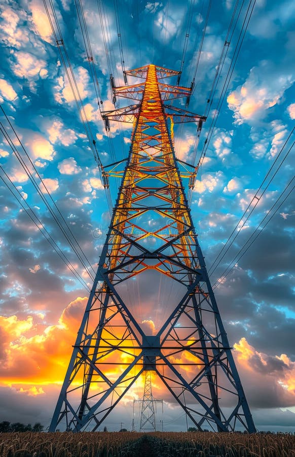 A Tall Power Tower is Lit Up in the Evening Sky. the Sky is Cloudy and ...