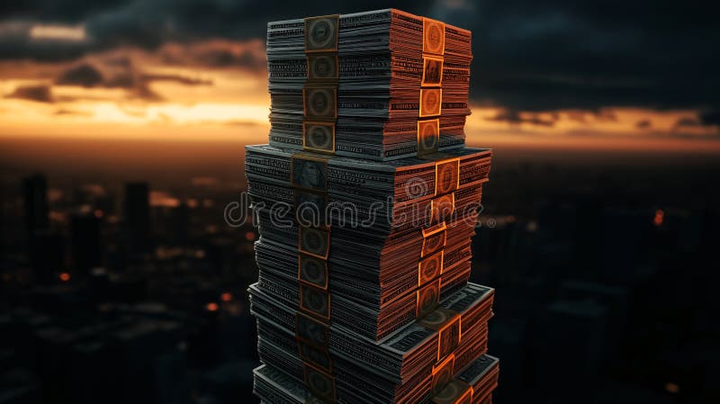 Money Tower: Stacked Wealth Against a Sunset Cityscape Backdrop. Stock ...