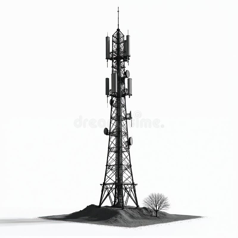 Tall Radio Tower with Multiple Antennae Stands Against Clean White ...