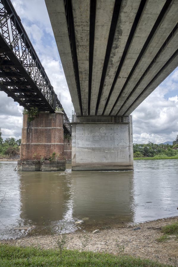 The Tall Railway Bridge Crossing the River. Stock Image - Image of rail ...