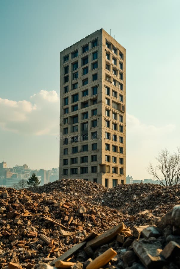 A Tall Building Sitting on Top of a Pile of Rubble Stock Photo - Image ...