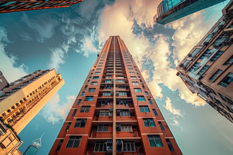 A Tall Red Office Building with Many Windows Stock Photo - Image of ...