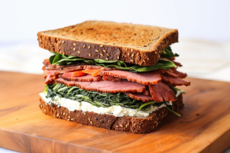 A Tall Roast Beef Sandwich on Rye Bread, on a Rectangular Board Stock ...