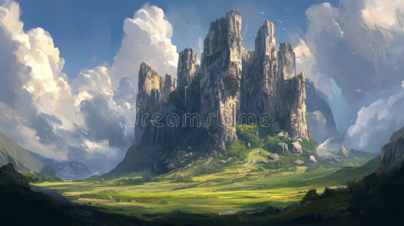 A Tall, Rugged Mountain with Lush Green Valley and Cloudy Sky Stock ...