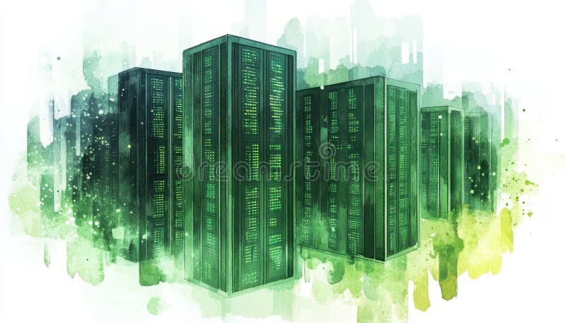 Green Data Center Towers with Glowing Servers Surrounded by Abstract ...