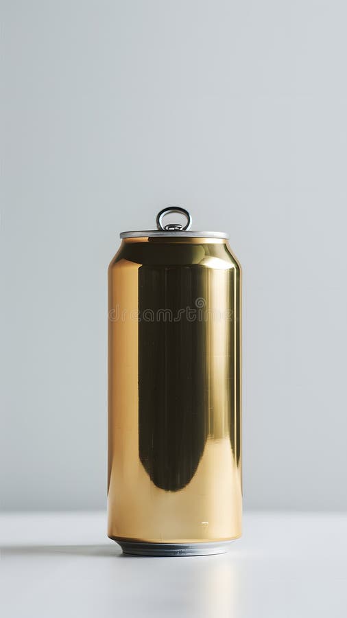 Tall, Shiny Beverage Can with Metallic Ring Top on Light Background ...