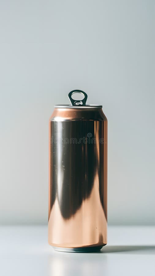 Tall, Shiny Beverage Can with Metallic Ring Top on Light Background ...