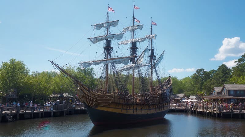 Tall Ship at Dock a Majestic Vessel with American Flags Under a Bright ...