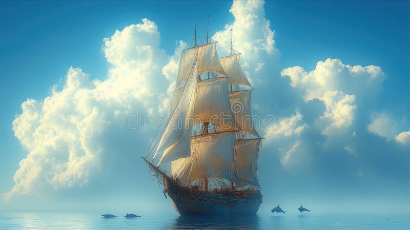 Majestic Tall Ship at Sea with Dolphins Stock Image - Image of wildlife ...