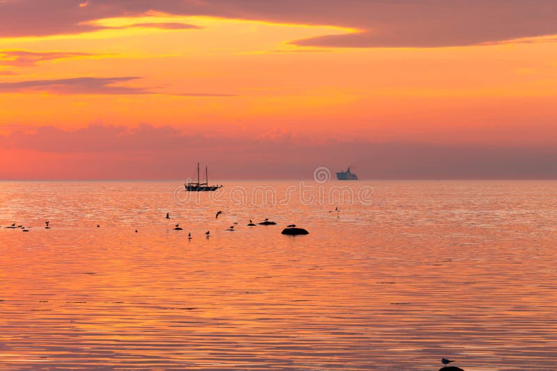 Tall Ship Sailing Along Skyline Stock Image - Image of rest, gold ...