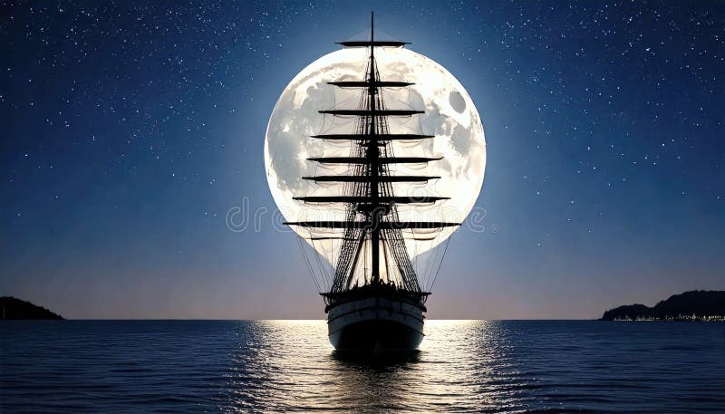 A Tall Ship Sailing Under a Full Moon at Night, Creating a Striking ...